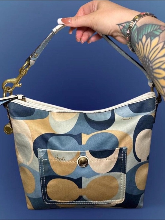 Coach | Bags | Coach Blue Tan Cream Signature Circle Shoulder Bag ...